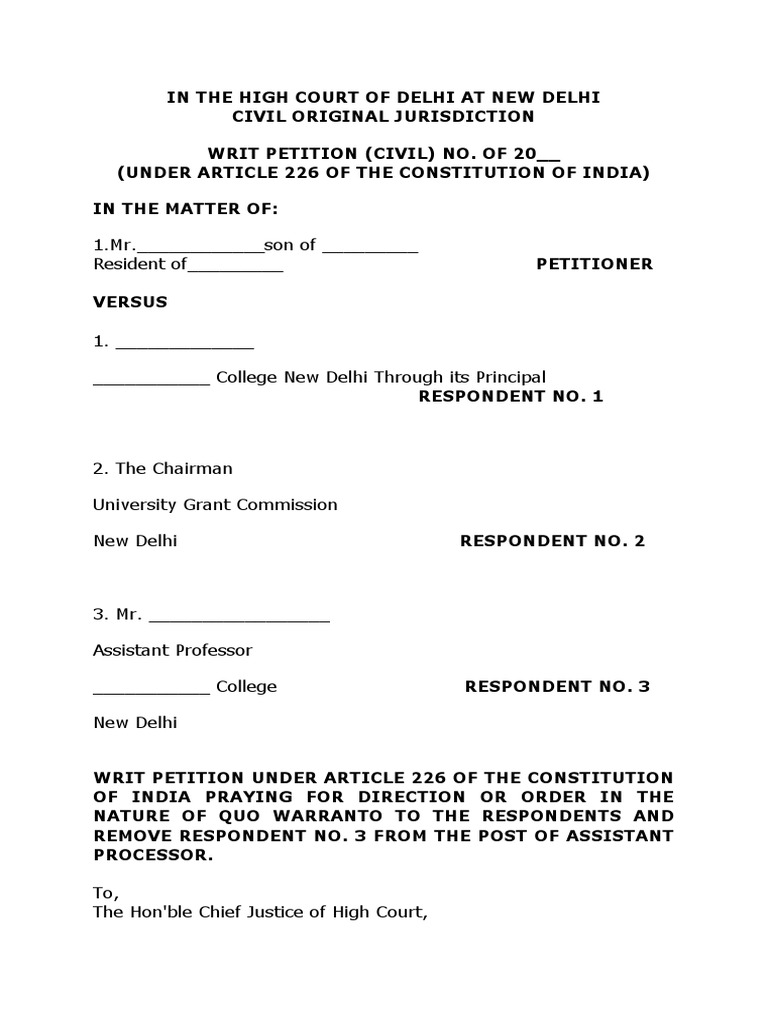 Writ Petition Seeking Writ of Quo Warranto in High Court Under Article ...