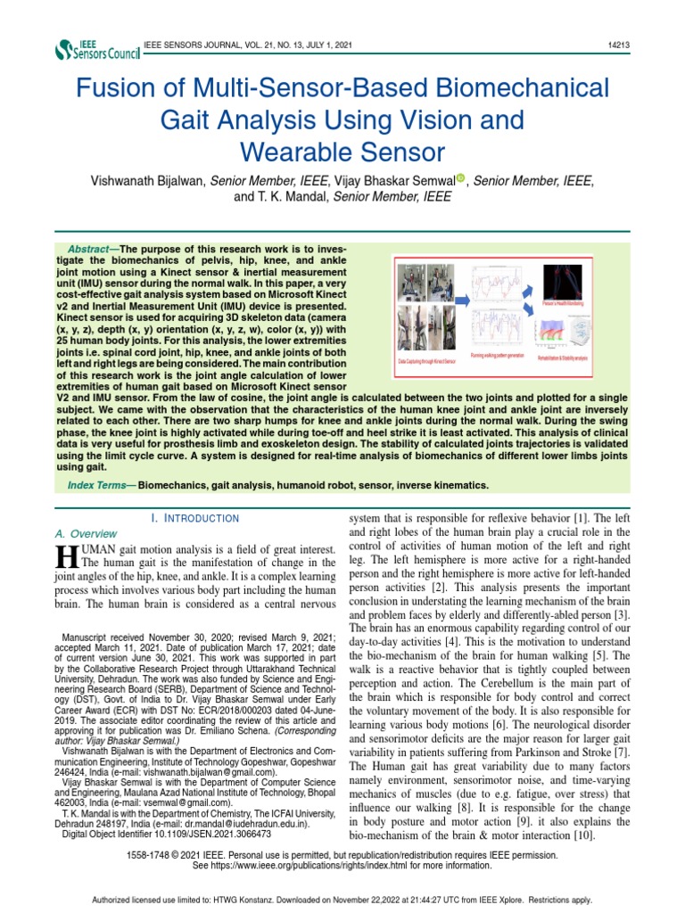 Fusion of Multi-Sensor-Based Biomechanical Gait Analysis Using Vision and Wearable Sensor | PDF ...