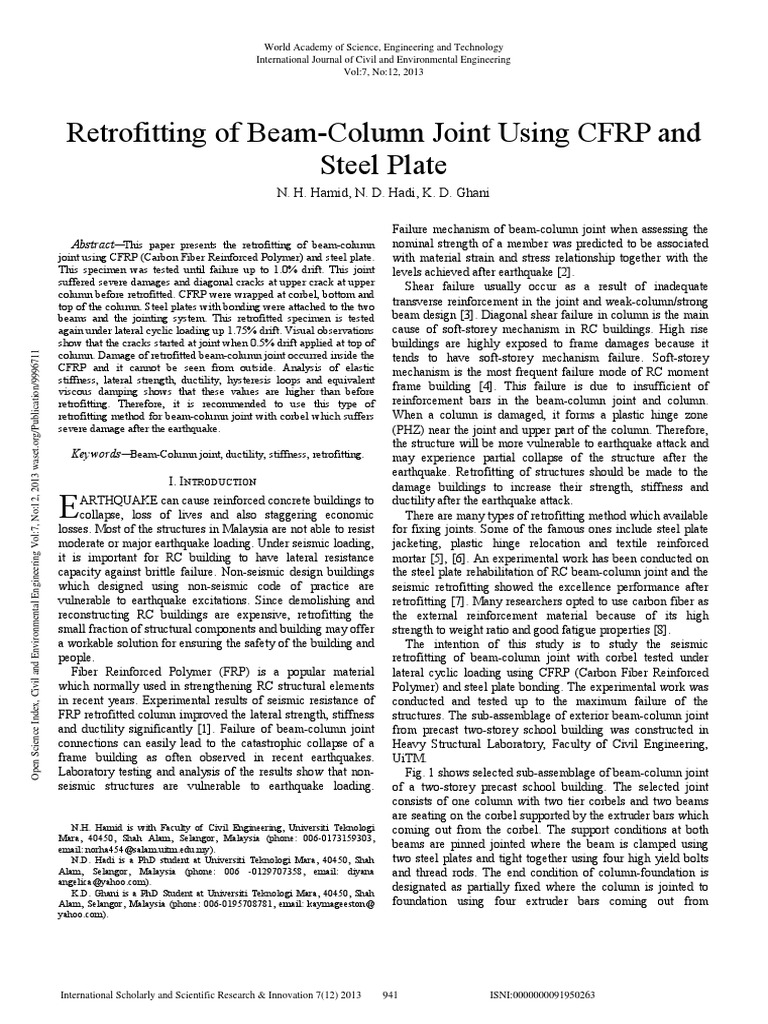 Retrofitting Of Beam Column Joint Using Cfrp And Steel Plate Download Free Pdf Strength Of