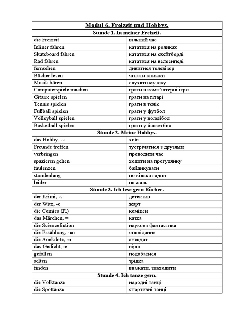 Modul 6. Freizeit Und Hobbys.: Stunde 1. in Meiner Freizeit | PDF