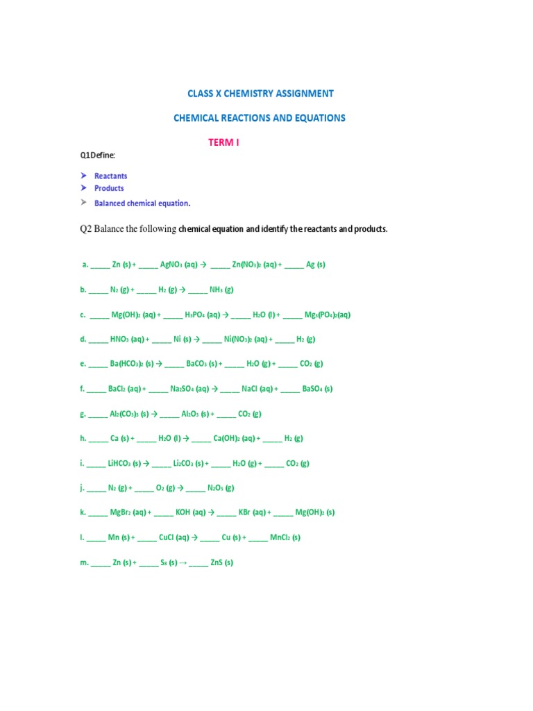 CBSE Class 10 Chemistry Worksheet - Chemical Reactions and Equations ...