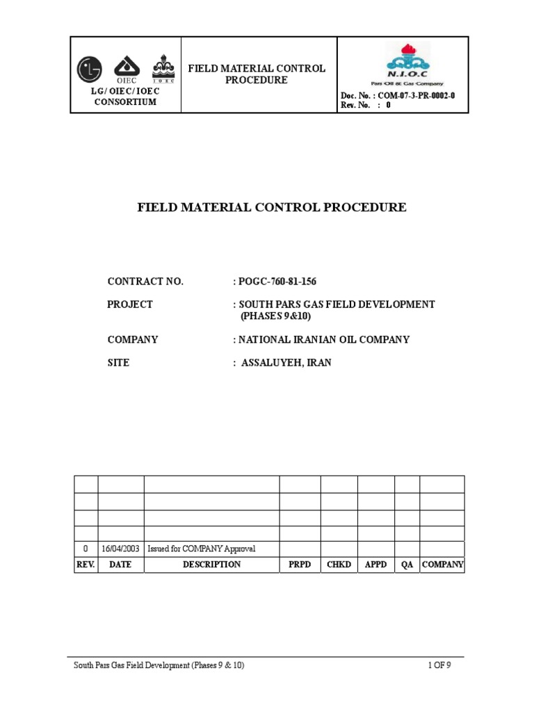 Com 07 3 PR 0002 Rev.0 (Field Material Control Procedure) (Gen | PDF ...