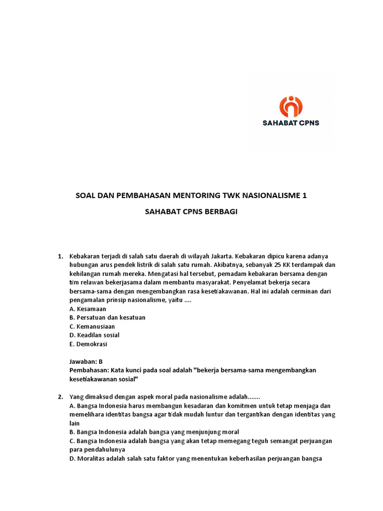 Soal Dan Pembahasan Mentoring TWK Nasionalisme 1 Sahabatcpns | PDF
