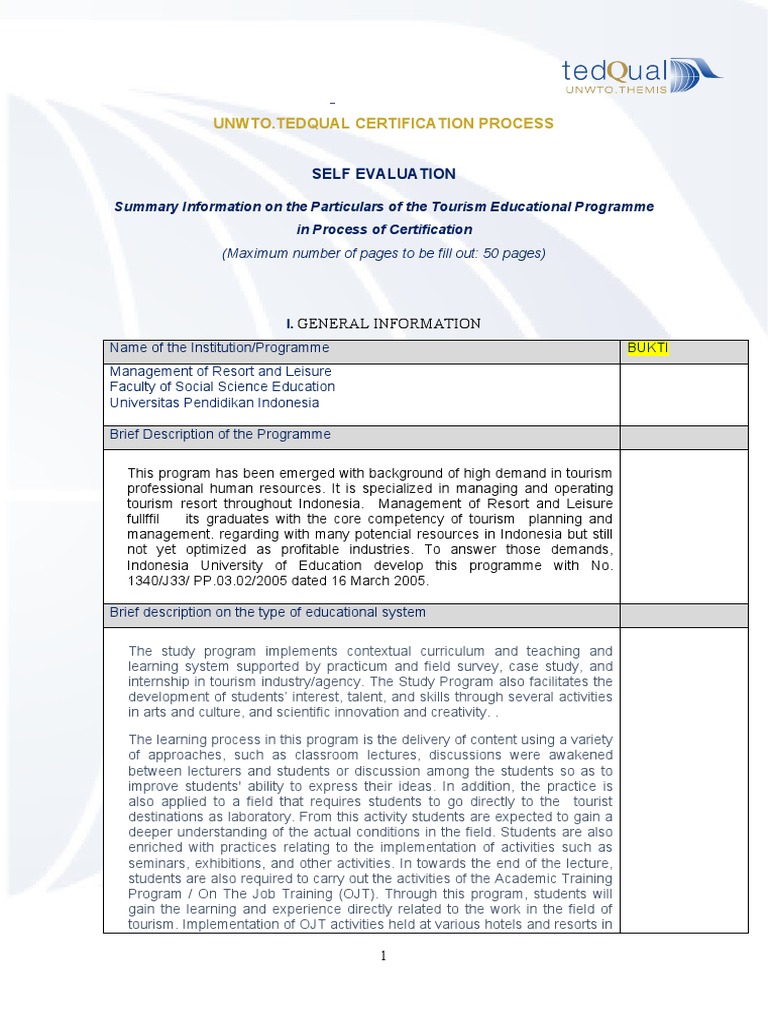 UNWTO.TEDQUAL CERTIFICATION PROCESS SELF EVALUATION | PDF | Tourism | Science Education