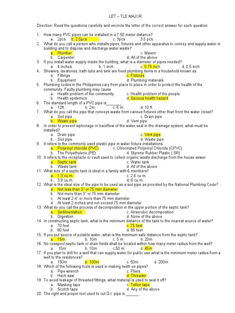 Tle Questions Part 1 Pdf Plumbing Concrete