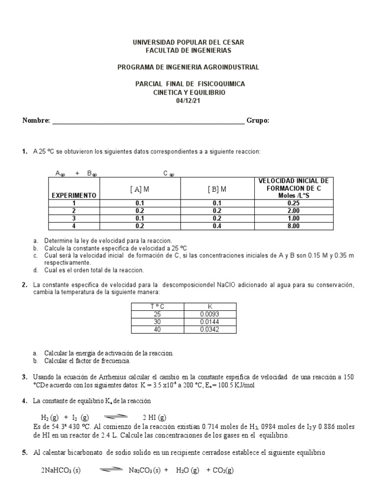 Parcial Final de Fisicoquimica Cinetica y Equilibrio | PDF | Equilibrio químico | Cinética química