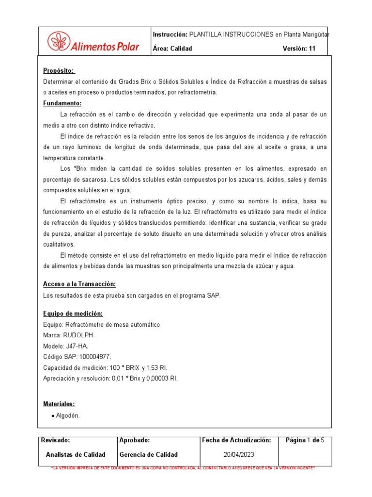 Medición de Grados Brix y Refracción | PDF | Sustancias químicas ...