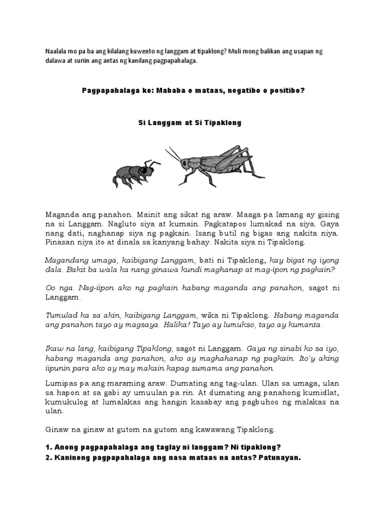 Kuwento NG Langgam at Tipaklong | PDF