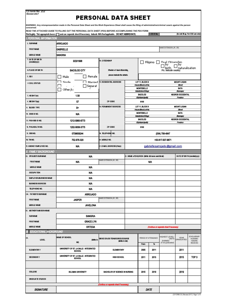 CS Form No. 212 Personal Data Sheet | PDF | Nursing