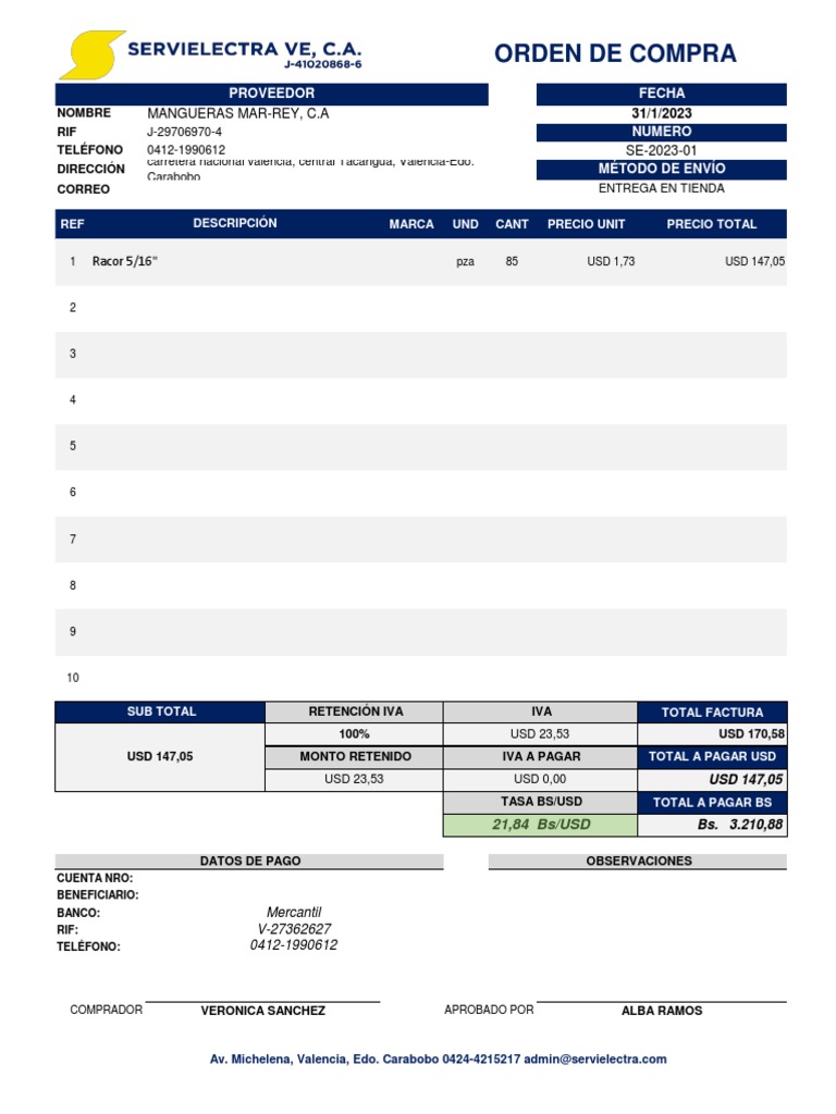Orden de Compra 001 Mangueras Mar-Rey, C.A | PDF