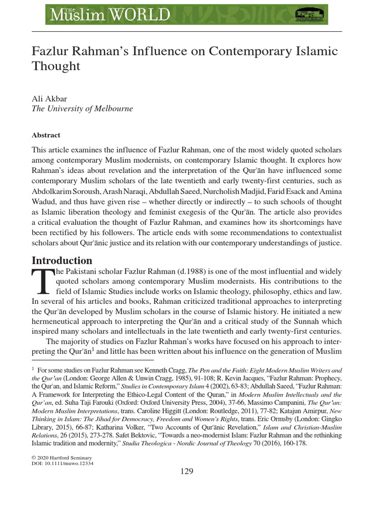 Fazlur Rahman's Influence On Contemporary Islamic PDF | PDF | Quran | Islam