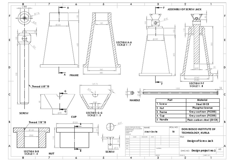 Screw Jack Assembly Drawing with Dimensions | PDF | Screw | Metals