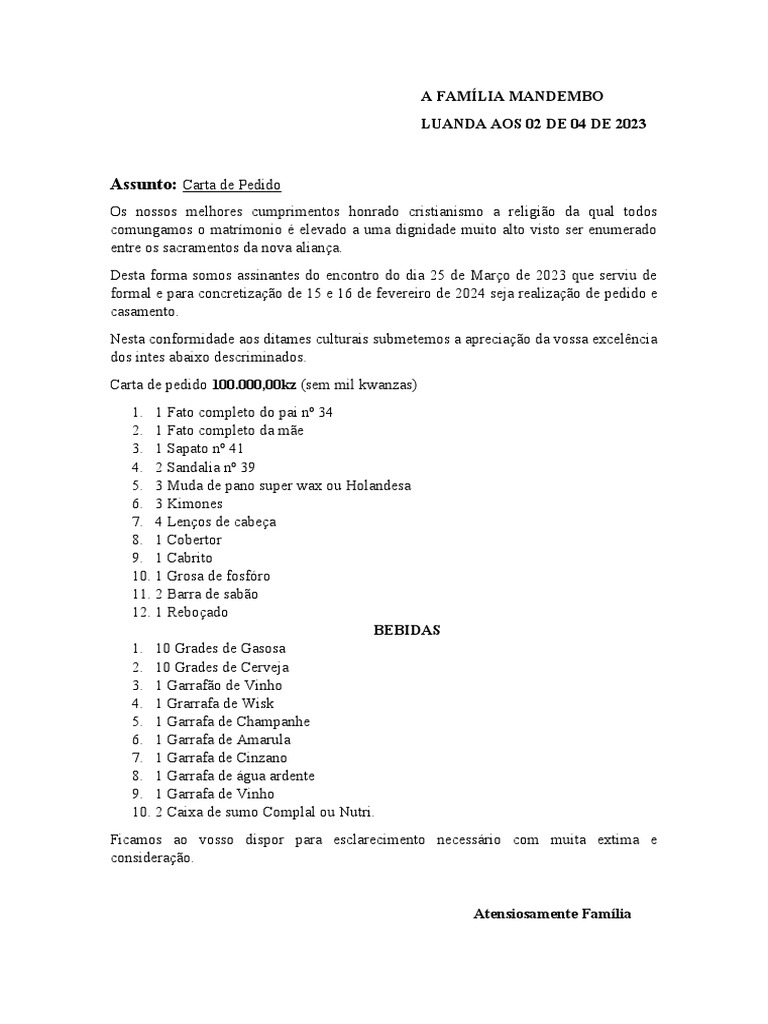 Pedido de Casamento da Família Mandembo | PDF | Gastronomia, comida e vinho