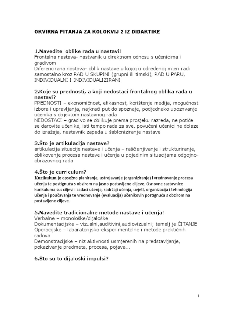 Okvirna Pitanja Iz Didaktike Za Kolokvij 2 | PDF