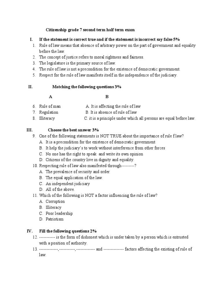 Citizenship Grade 7 Second Term Half Term Exam | PDF