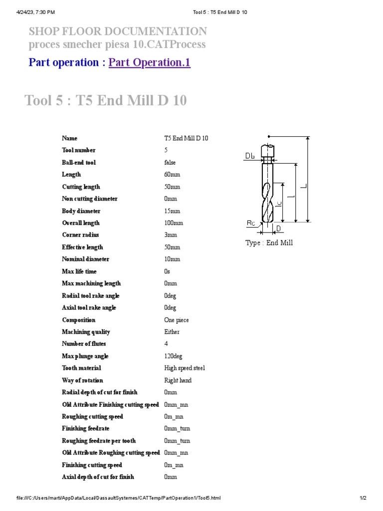 Tool 5: T5 End Mill D 10: Part Operation.1 | PDF | Machining | Cutting ...