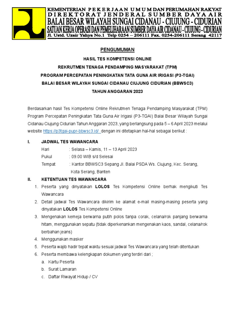 Pengumuman Hasil Tes Kompetensi TPM TA 2023 | PDF