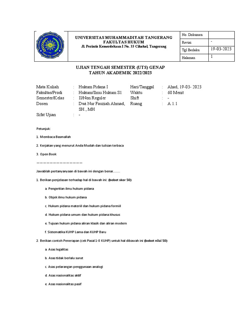 UTS H Pidana I | PDF