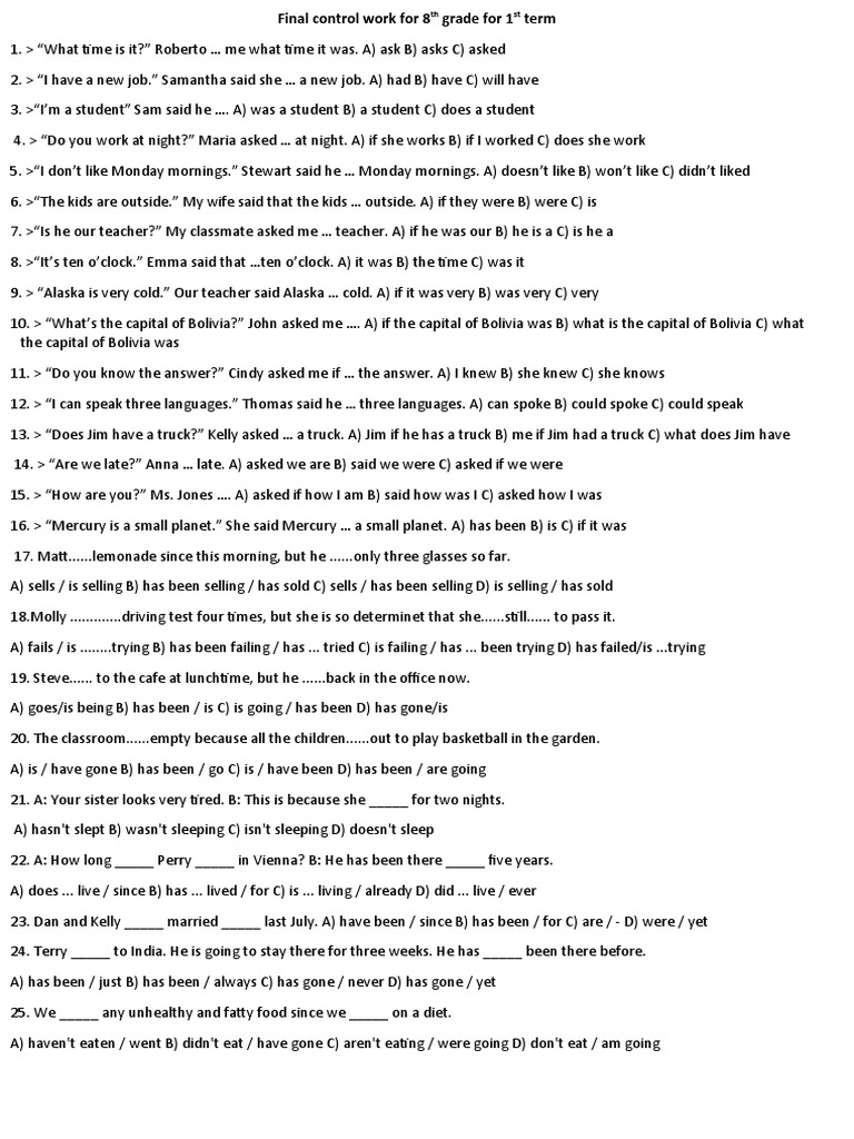 8th Grade First Term Control Work | PDF