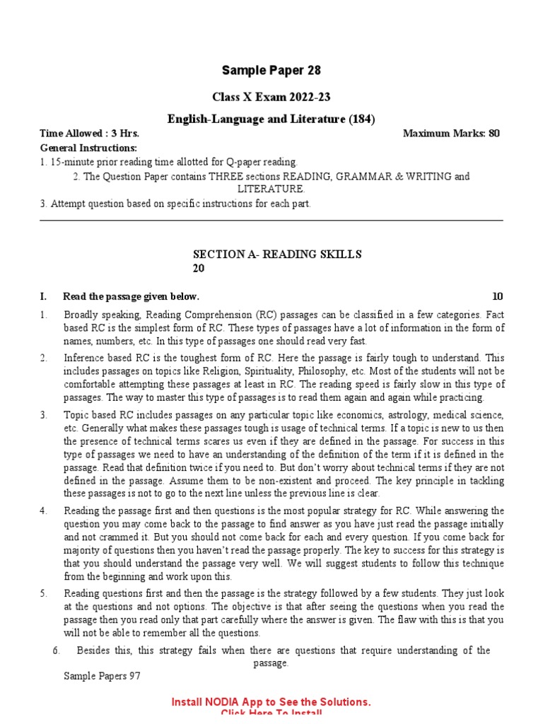 EN Sample Paper 28 Unsolved | PDF | Reading Comprehension
