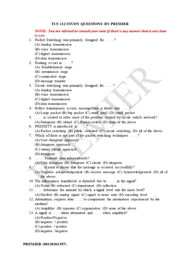TCS 112 Study Questions by Premier | PDF | Network Topology | Error Detection And Correction