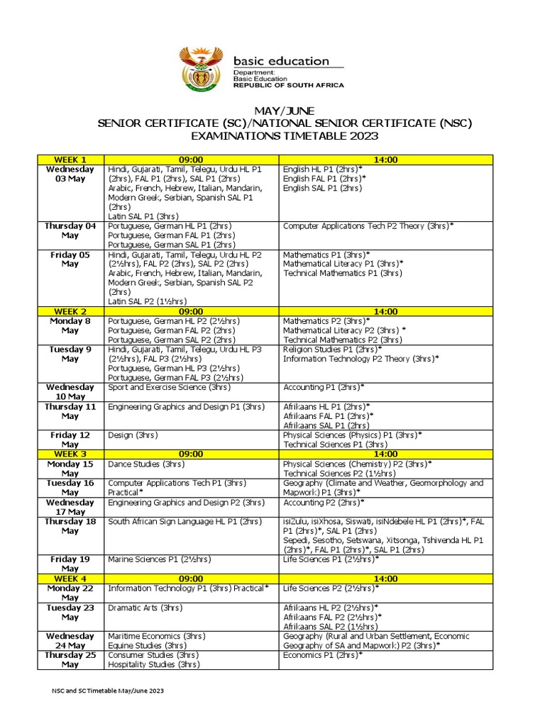 NSC/SC Exam Timetable May/June 2023 | PDF | Linguistics | Languages