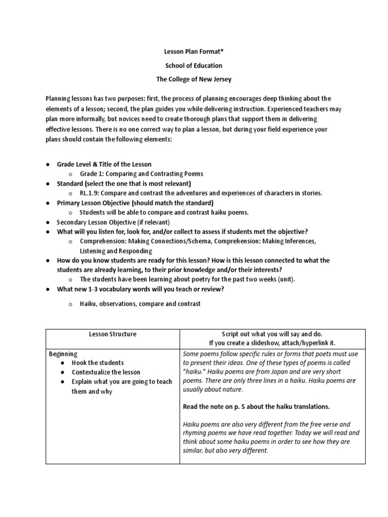 Lesson Plan Comparing and Contrasting Poems | Download Free PDF ...