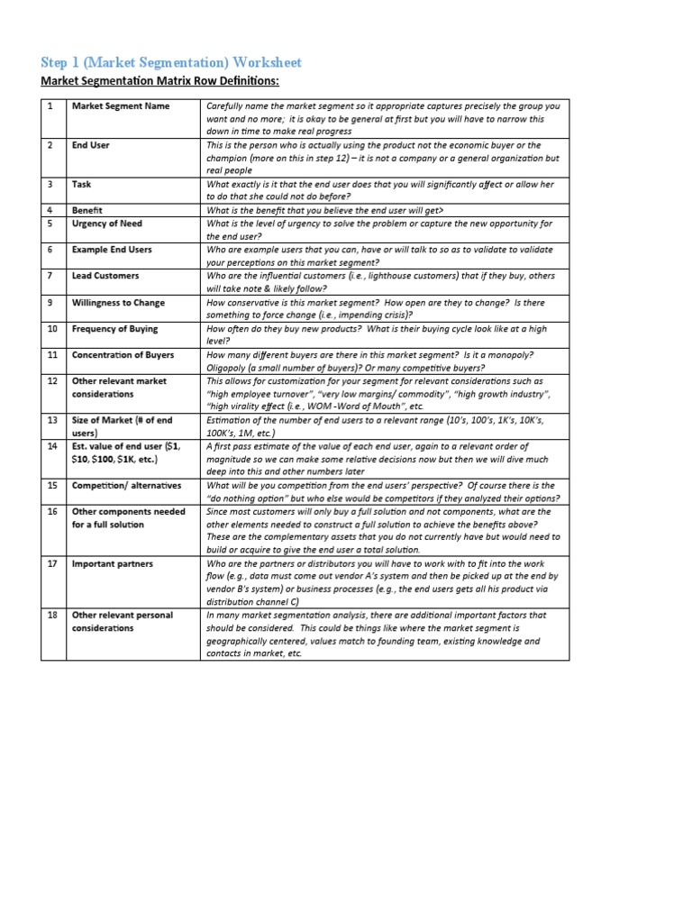 DE Workbook Step 1 Market Segmentation v2 Worksheet v1 | PDF | Market ...