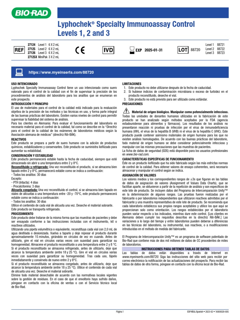 Lyphochek Specialty Immunoassay Control Levels 1, 2 and 3: Página 1 ...