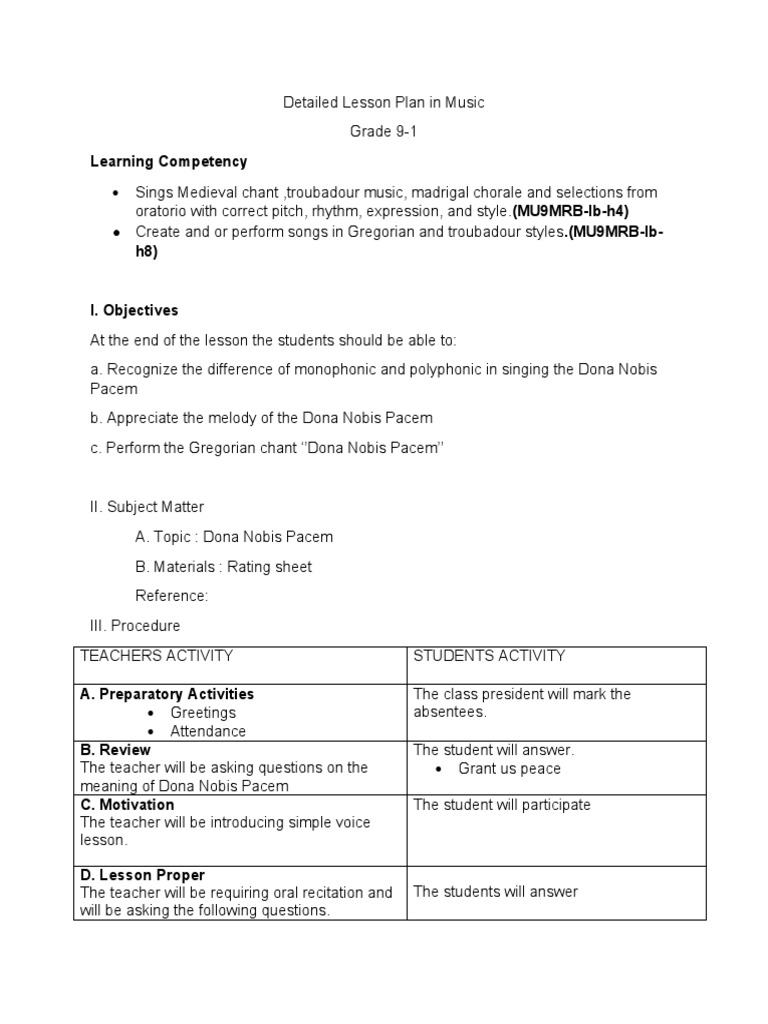 Detailed Lesson Plan in Music 9 | PDF