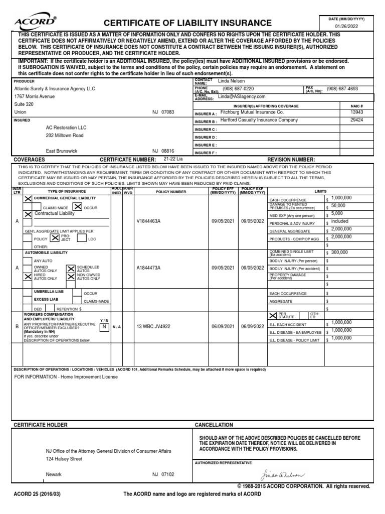 2022 Njca Proof of Insurance | PDF | Insurance | Legal Liability