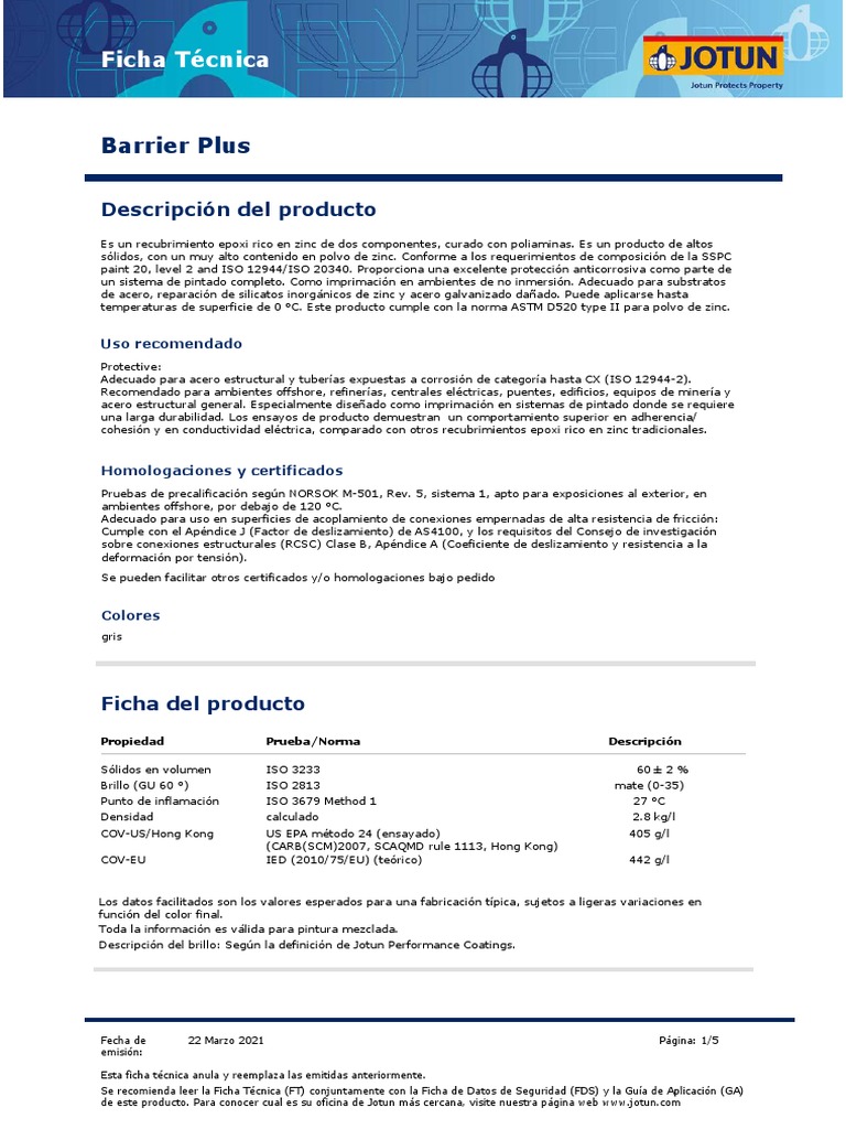 Jotun Barrier Plus: Recubrimiento Epoxi Zinc | PDF | Acero | Zinc