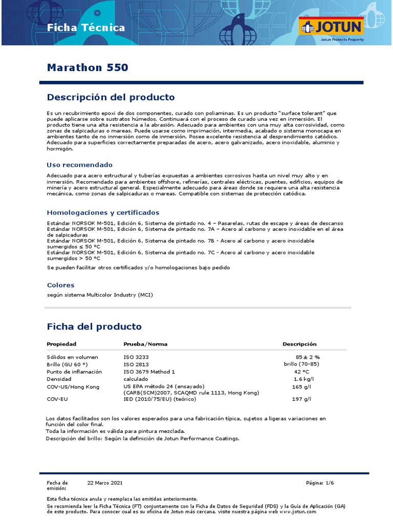 Ficha Técnica de Marathon 550 Jotun | PDF | Abrasivo | Acero