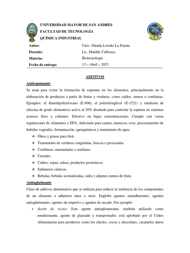 Aditivos alimentarios: antiespumante, antiaglutinante, humectante y ...