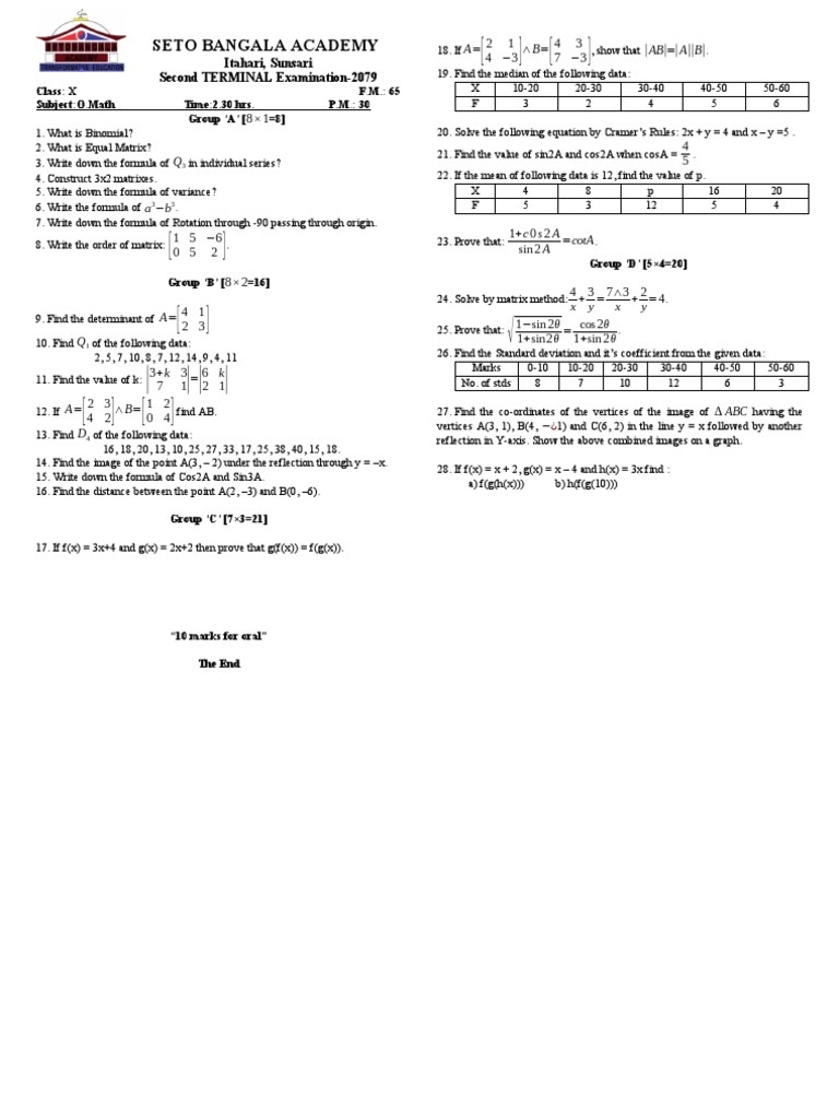 Class-10 OPT-Math | Download Free PDF | Matrix (Mathematics ...
