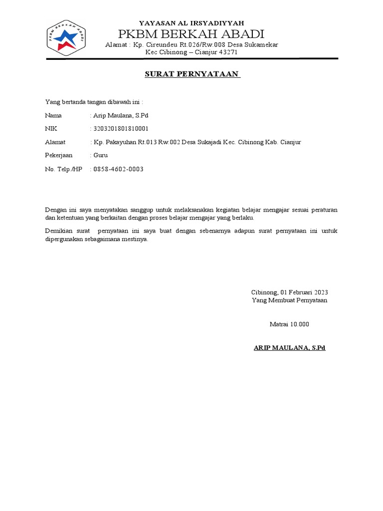 Surat Pernyataan Melakukan KBM | PDF