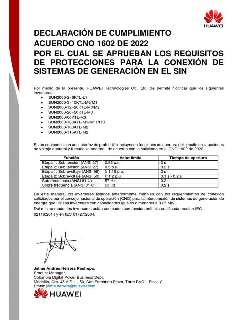 Cumplimiento CNO 1602: Inversores Huawei | PDF