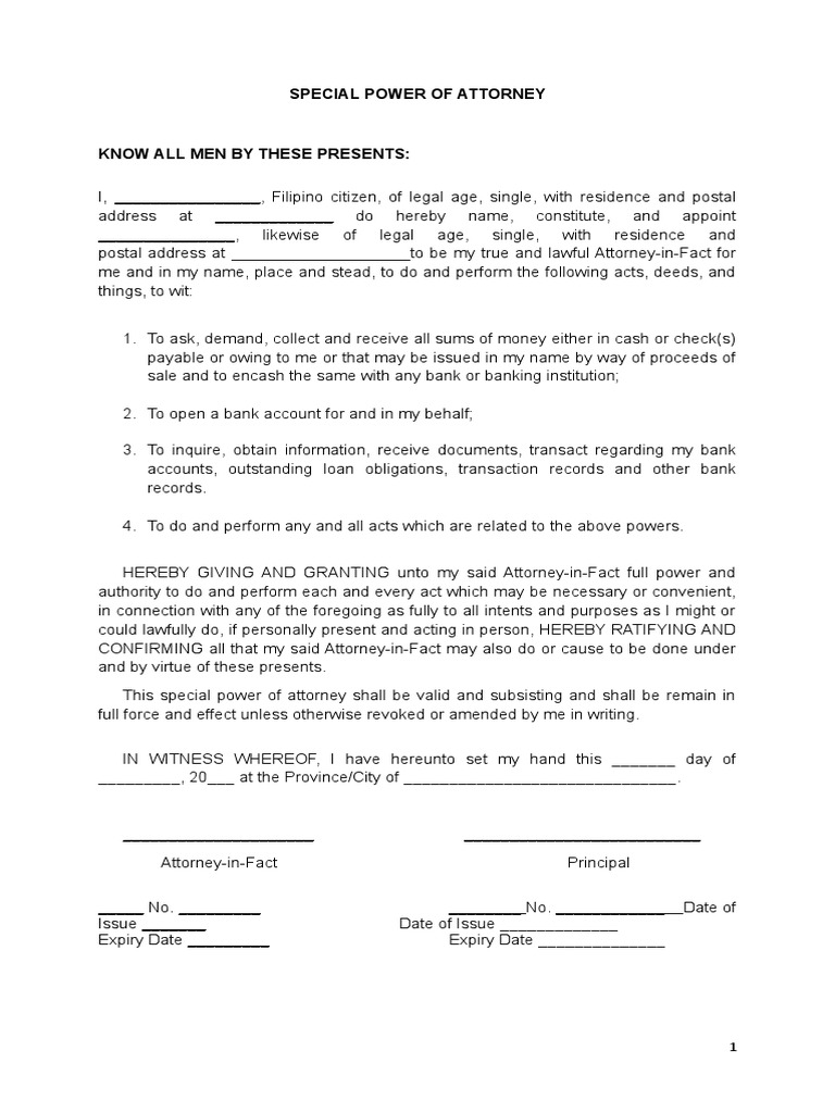 SPECIAL POWER OF ATTORNEY Template | PDF | Power Of Attorney | Common Law