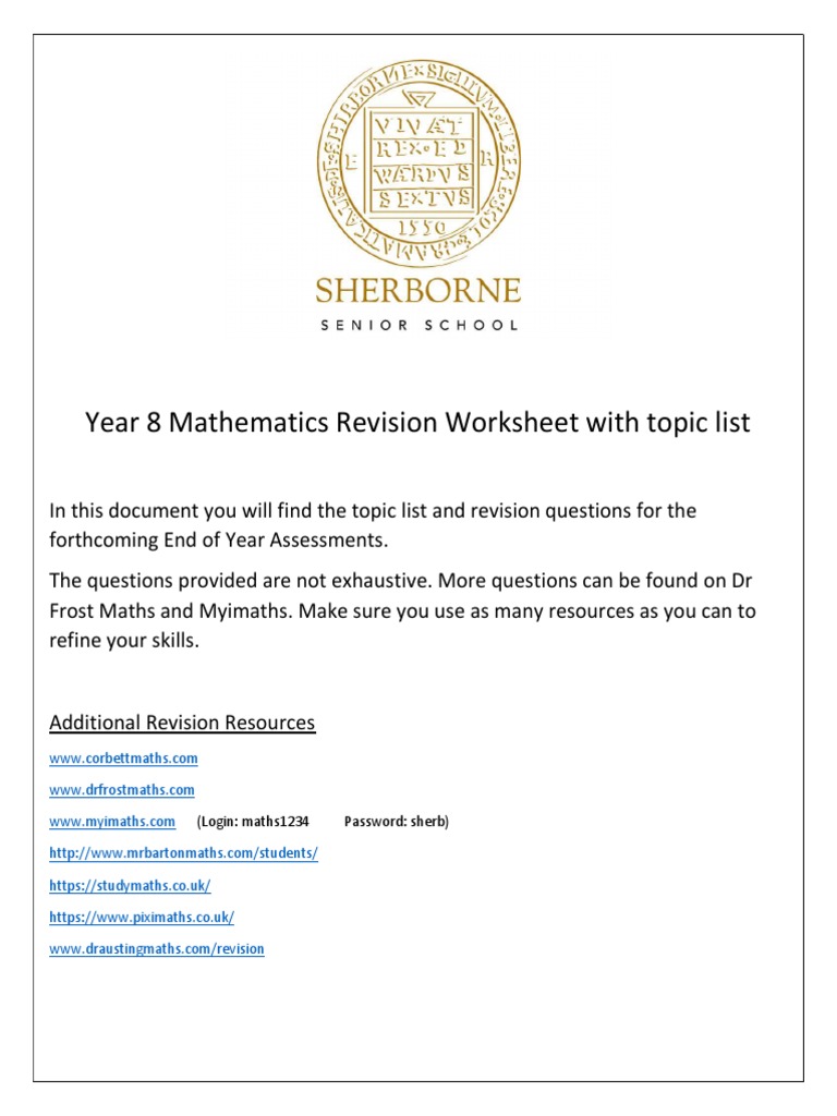 Year 8 Mathematics EOY Assessment Support Document PDF | PDF | Area | Speed