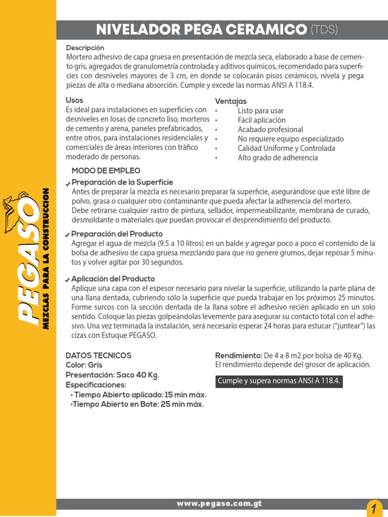 Pegaso - Nivelador-Pega-Ceramico | PDF | Mortero (Albañilería) | Hormigón