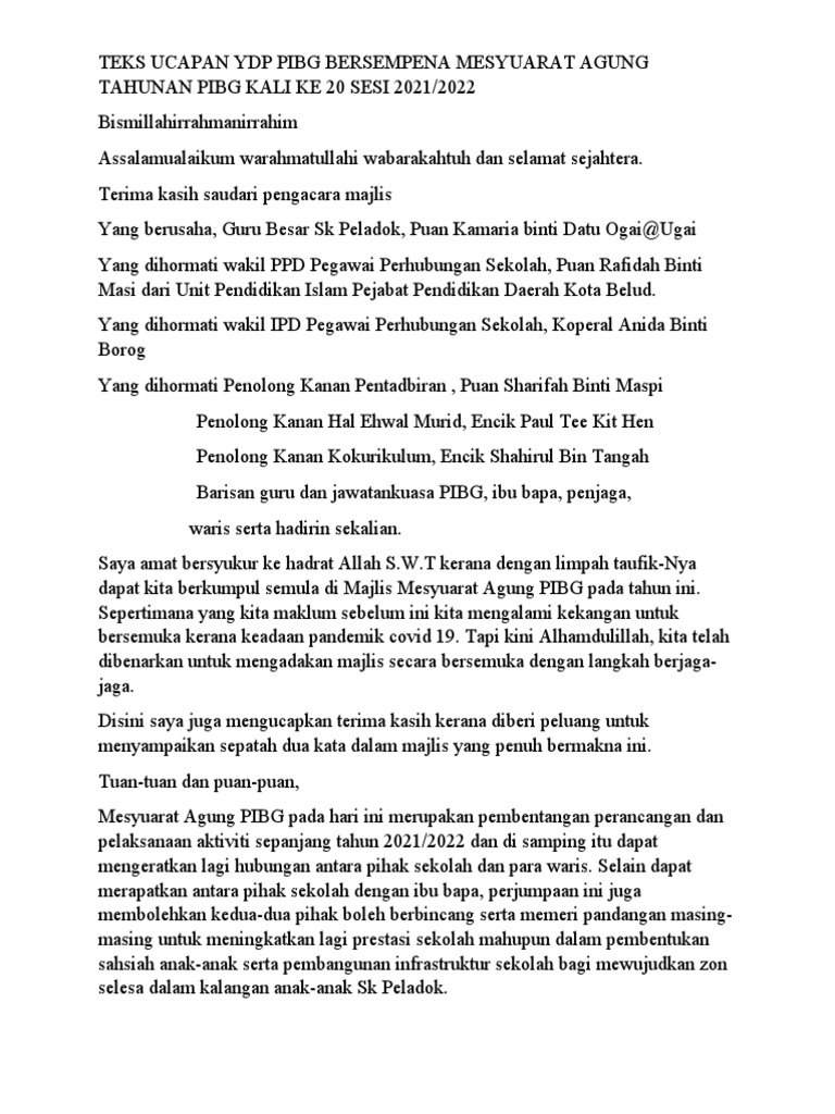 Teks Ucapan Ydp Pibg Bersempena Mesyuarat Agung Tahunan Pibg Kali Ke 20 Sesi 2021 | PDF