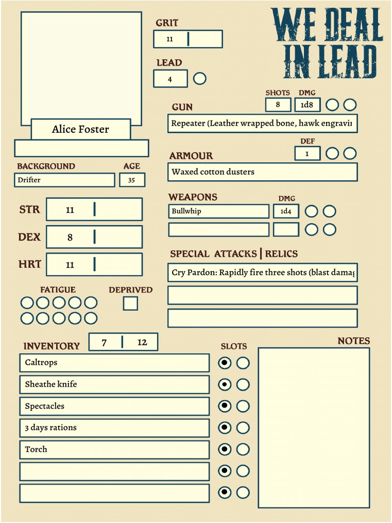 We Deal in Lead Character Sheet Fillable v1.2 PDF | PDF