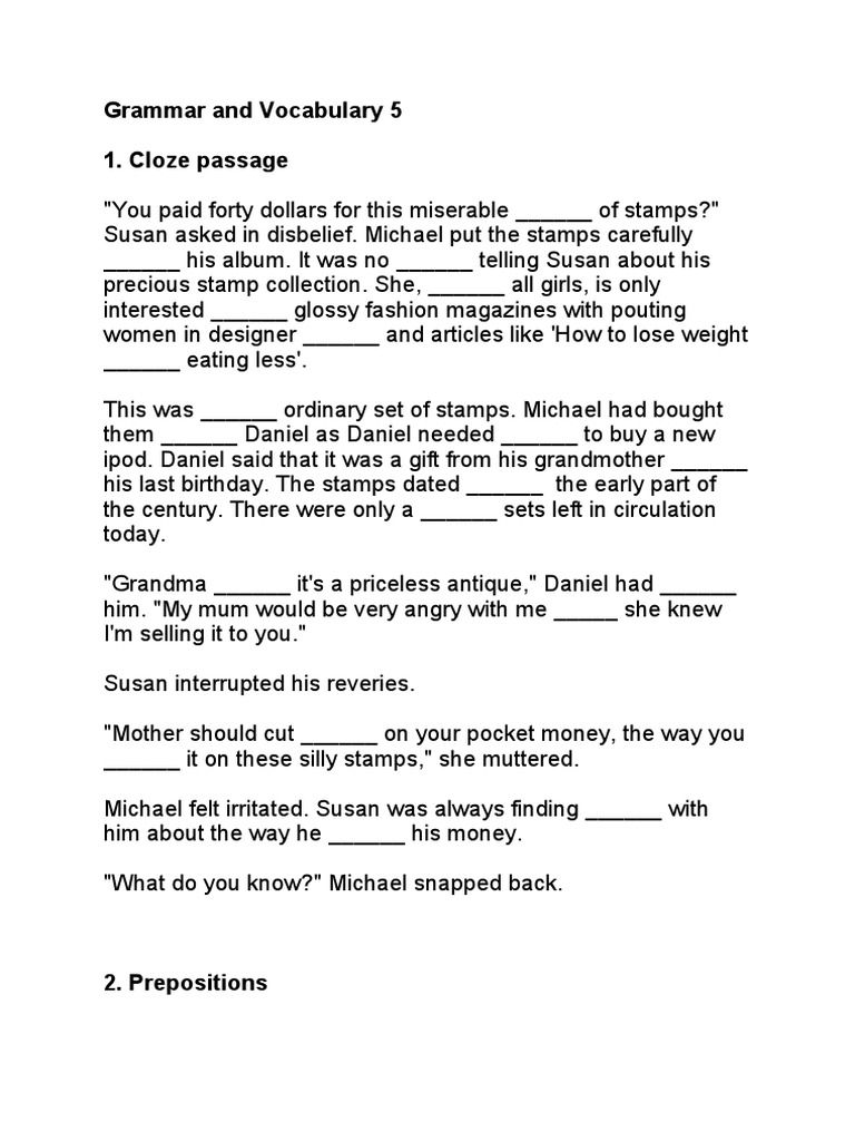Grammar and Vocabulary 5 1. Cloze Passage | PDF | Adverb | Syntax