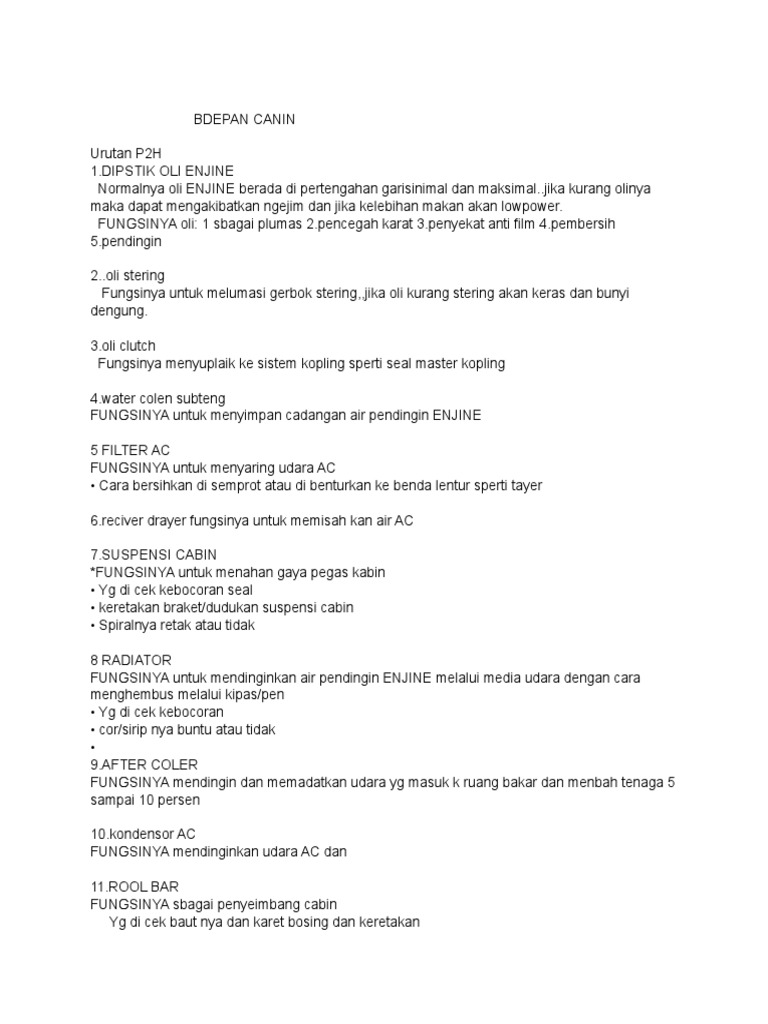Fungsi dan Susunan P2H Dump Truck | PDF