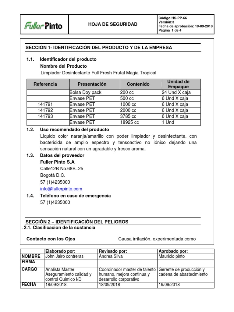 Ficha Tecnica - Desinfectante FULL FRESH | PDF