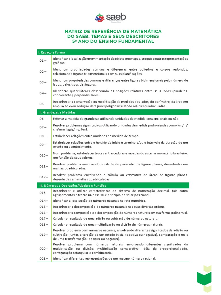 Matriz de Referencia de Matematica - Saeb | PDF | Equações | Número ... Matriz de Referencia de Matematica - Saeb | PDF | Equações | Número ...