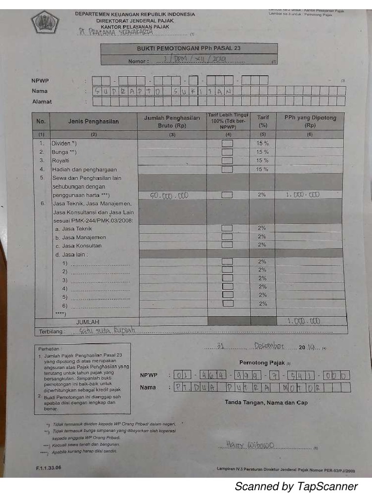 Bukti Potong SSE PPh pasal 23 serta PPh Masa | PDF