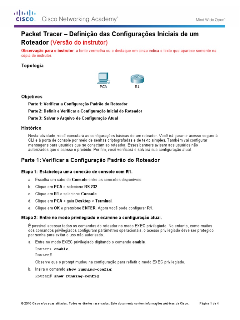 6.4.1.3 Packet Tracer - Configure Initial Router Settings - ILM | PDF | Senha | Armazenamento de ...