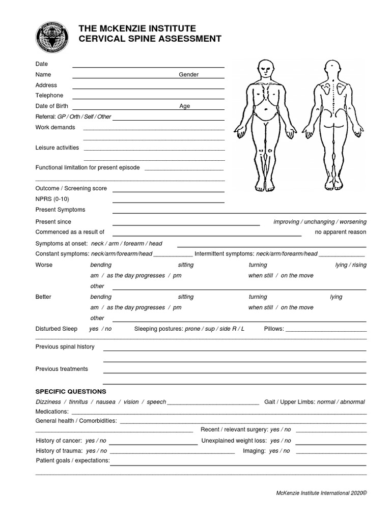 Cervical Assessment Form FILLABLE Jun 2020 PDF | PDF | Anatomical Terms ...