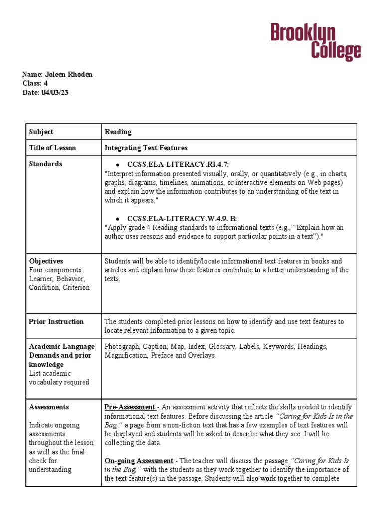 4th Grade Reading Lesson On Text Features | PDF | Career & Growth ...